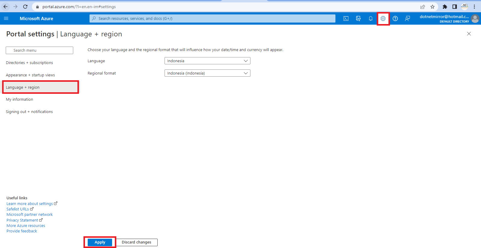 How to change language and regional settings in Azure Portal - DotNetMirror
