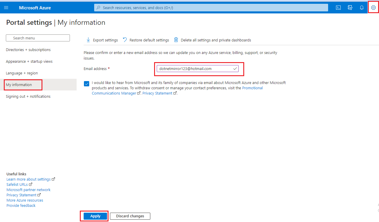 How to update Email address in Azure portal - My information - DotNetMirror
